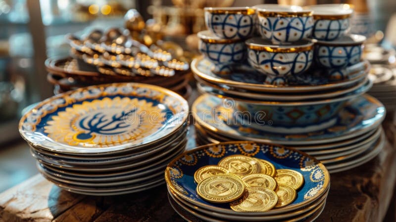 A Stack of Hanukkahthemed Plates and Napkins Featuring Cheerful Images ...