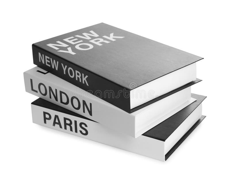 Stack of Hardcover Books with Different Cities Names Isolated on White ...