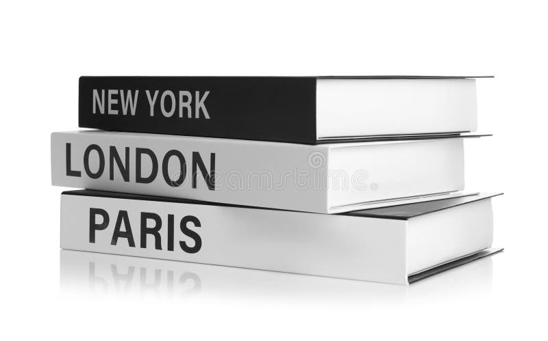 Stack of Hardcover Books with Different Cities Names Isolated on White ...