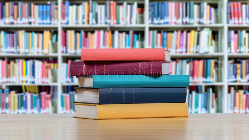A Stack of Hardcover Books Sits in Front of a Blurred Bookshelf Stock ...