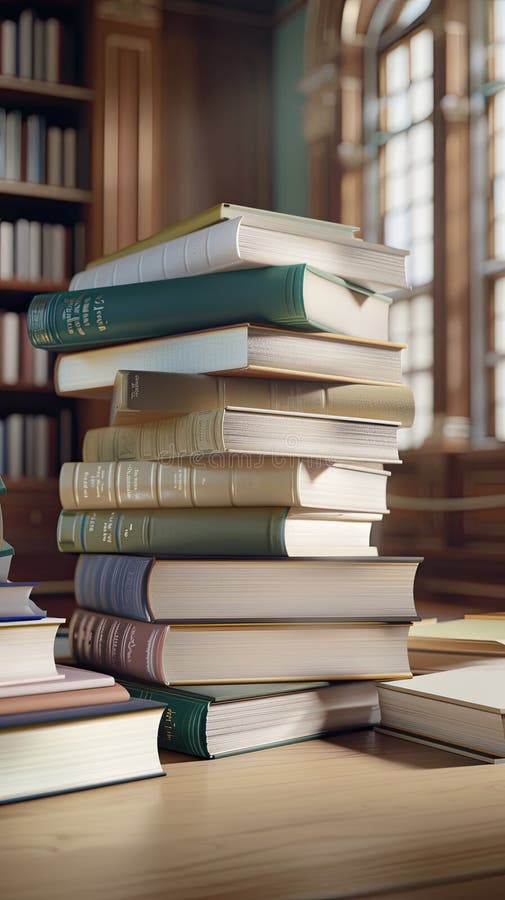 A Stack of Hardcover Books Sits in Front of a Blurred Bookshelf Stock ...