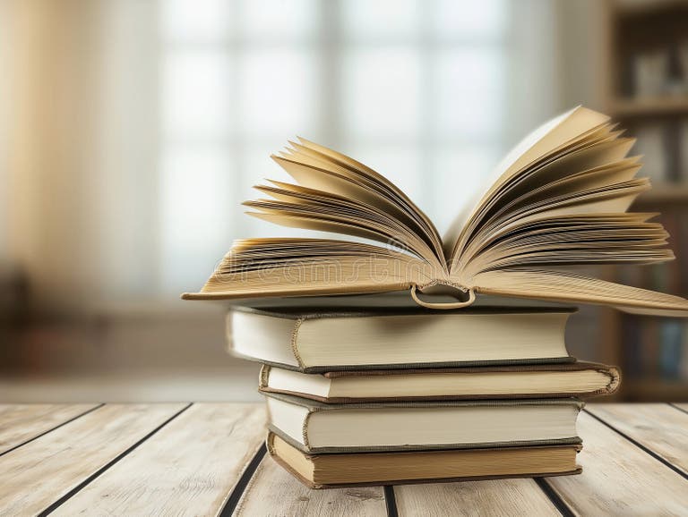 A Stack of Hardcover Books on a Wooden Table, with the Spines Facing ...