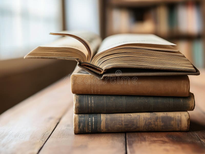 A Stack of Hardcover Books on a Wooden Table, with the Spines Facing ...