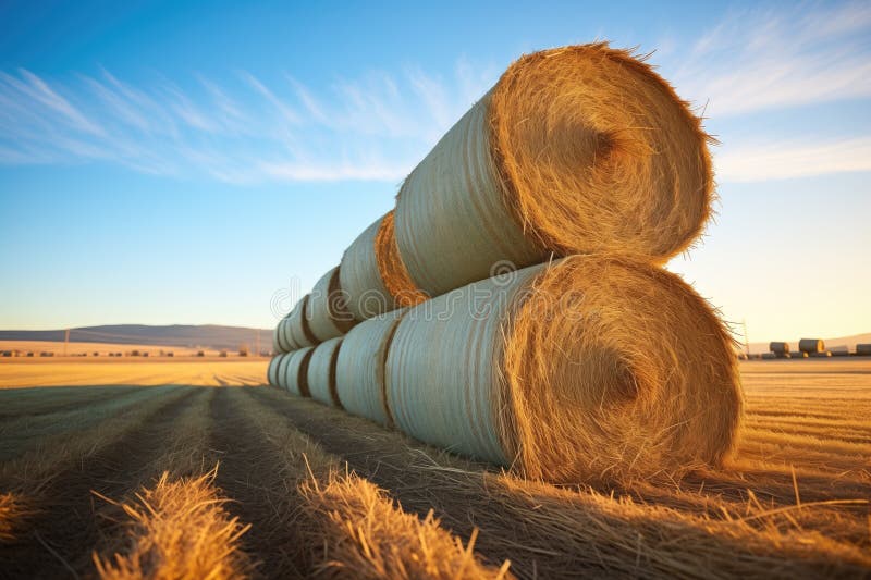Stack of Hay Bales Casting Long Shadows in the Evening Light Stock ...
