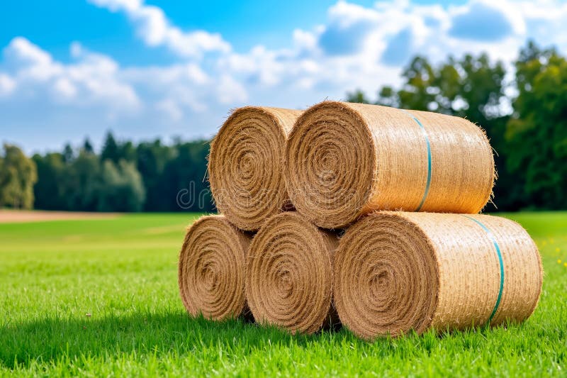 A Stack of Hay Bales in a Field of Green Grass Stock Photo - Image of ...