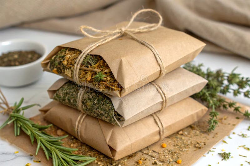 A Stack of Herbal Sachets in Brown Paper Packaging Stock Illustration ...