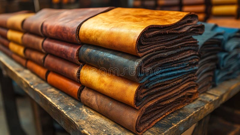 A Stack of High-quality Leather Pieces in Various Shades, Arranged on a ...