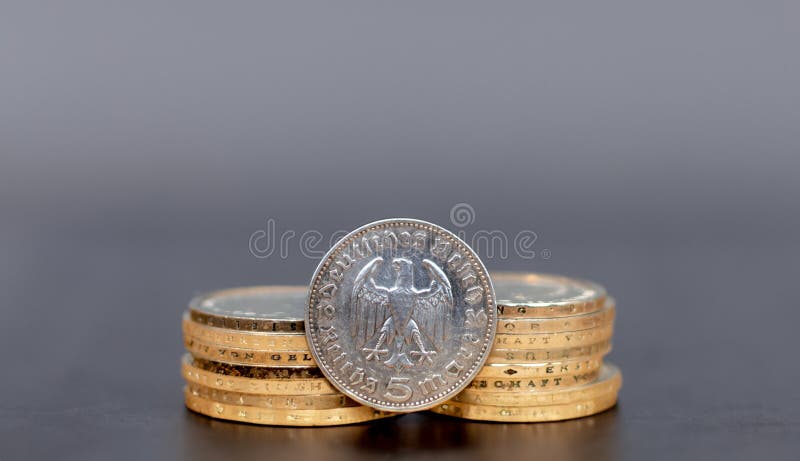 Stack of Historic German Coins. 5 German Reichsmark (currency) from ...
