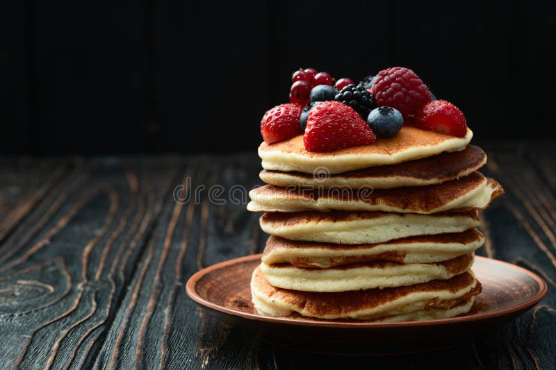 Stack of Homemade American Pancakes with Berries . Top View Stock Photo ...