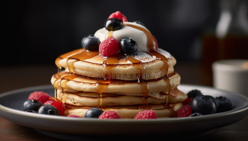 A Stack of Homemade Blueberry Pancakes with Raspberry Syrup Drizzle ...