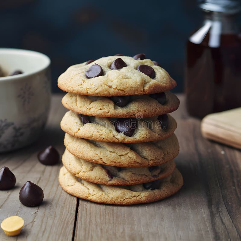 Stack of Homemade Chocolate Chip Cookies on Wooden Table, Digitally ...