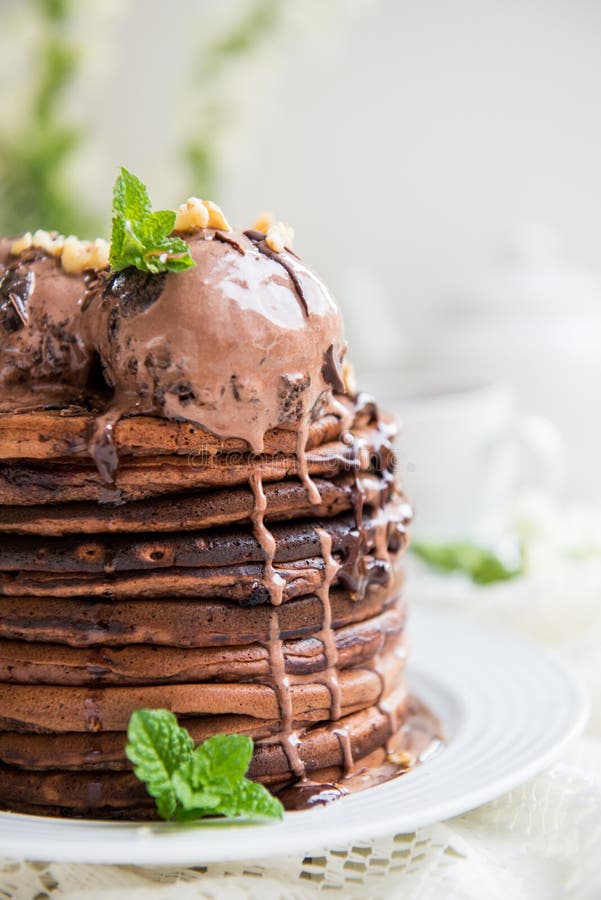 Stack of Homemade Chocolate Pancakes with Chocolate Ice-Cream Stock ...