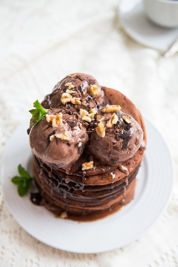 Stack of Homemade Chocolate Pancakes with Chocolate Ice-Cream Stock ...