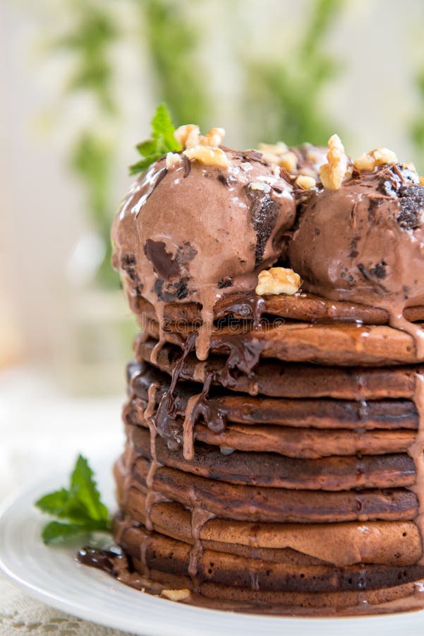 Stack of Homemade Chocolate Pancakes with Chocolate Ice-Cream Stock ...