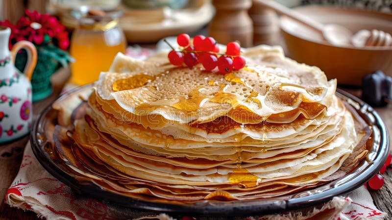 Stack of Homemade Crepes Topped with Red Berries on a Rustic Table ...