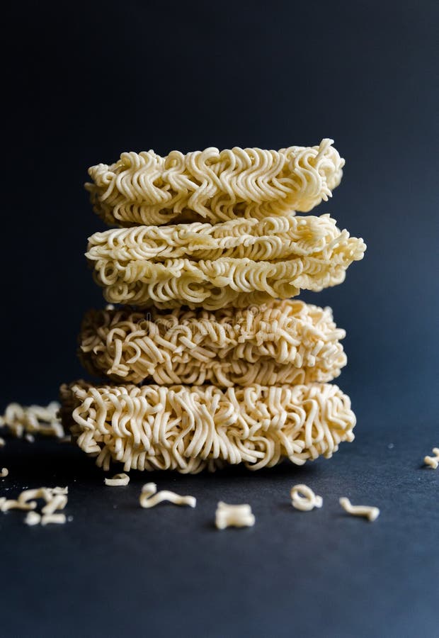 Stack of Homemade Instant Noodles on Black Background Stock Photo ...