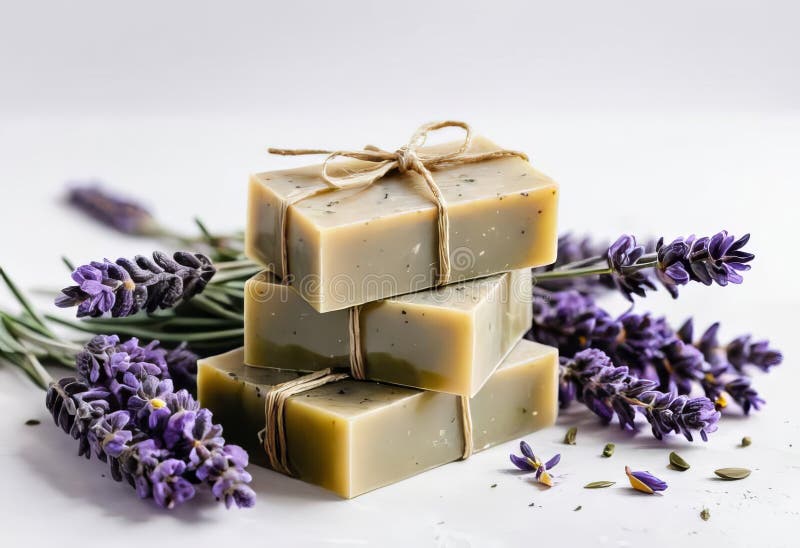 A Stack of Homemade Lavender Soap Bars with Dried Lavender Flowers on a ...
