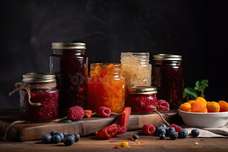 Stack of Homemade Preserves with Different Flavors and Colors Stock ...
