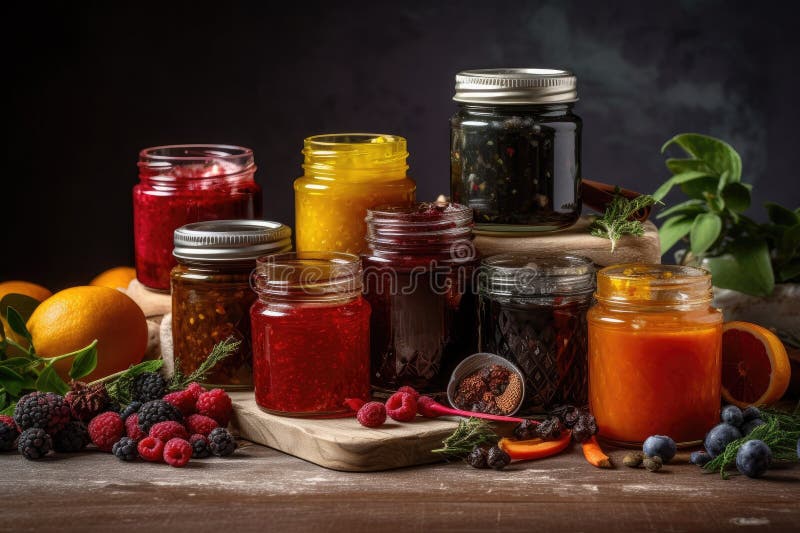 Stack of Homemade Preserves with Different Flavors and Colors Stock ...