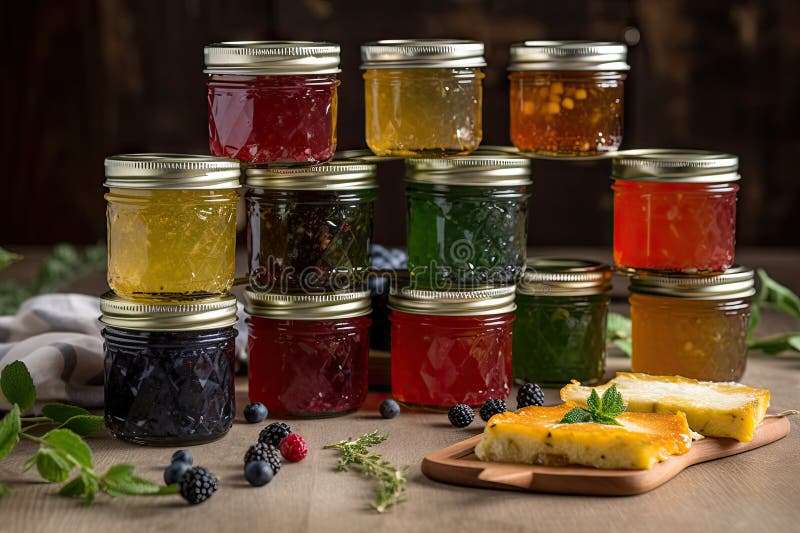 Stack of Homemade Preserves, Each in Unique Flavor and Color ...