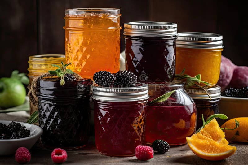 Stack of Homemade Preserves in Variety of Flavors and Colors Stock ...