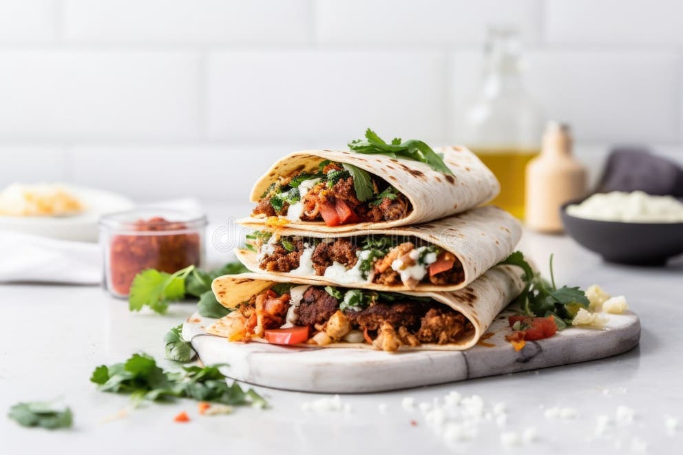 Stack of Homemade Soft Tacos with Various Ingredients on a Marble ...