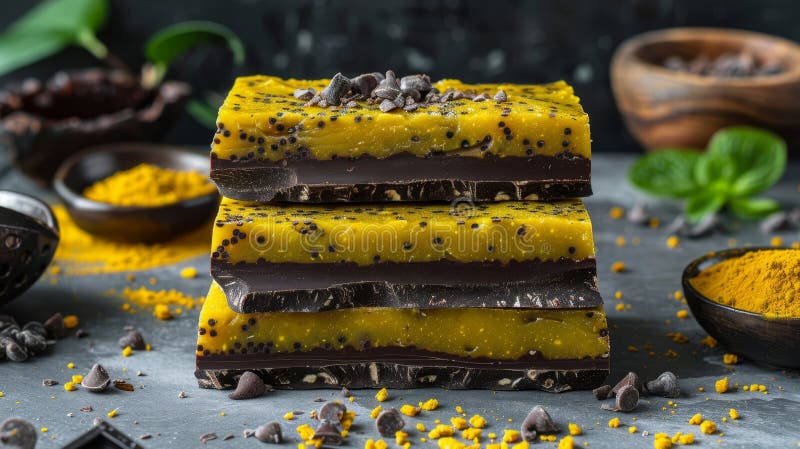 Stack of Homemade Vegan Chocolate Bars with Yellow Filling Decorated ...