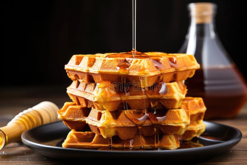 Stack of Homemade Waffles with Maple Syrup Stock Photo - Image of ...