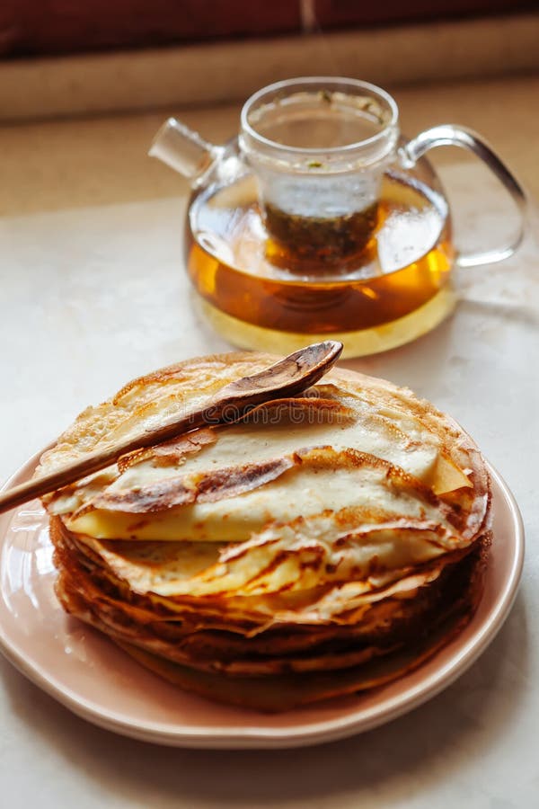 Stack of Hot Classic Russian Thin Pancakes. Rustic Style. Traditional ...