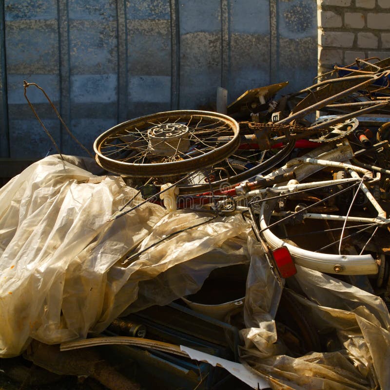 Mess in scrapyard stock photo. Image of bicycle, household - 157118320