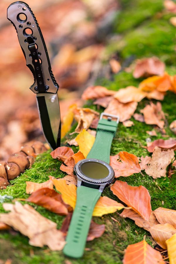 Stack Hunting Knife with Titanium Handle Near the Watch in the F Stock ...