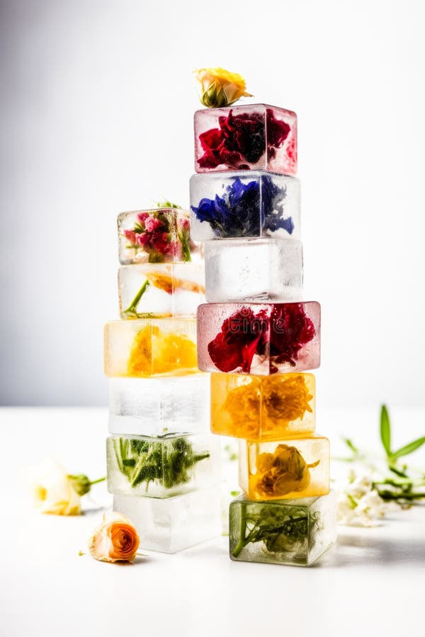 Stack of Ice Cubes with Flowers Inside and Herbs Stock Photo - Image of ...