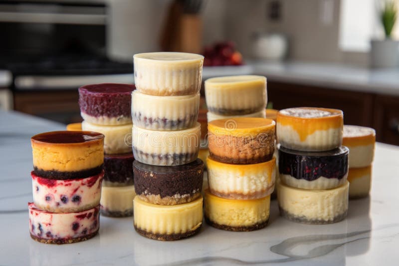 Stack of Individual Baked Cheesecakes, Each with Different Flavor Stock ...