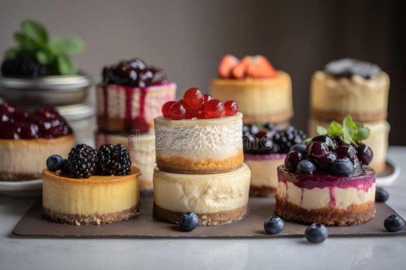 Stack of Individual Cheesecakes, Each Topped with Different Fruit Stock ...