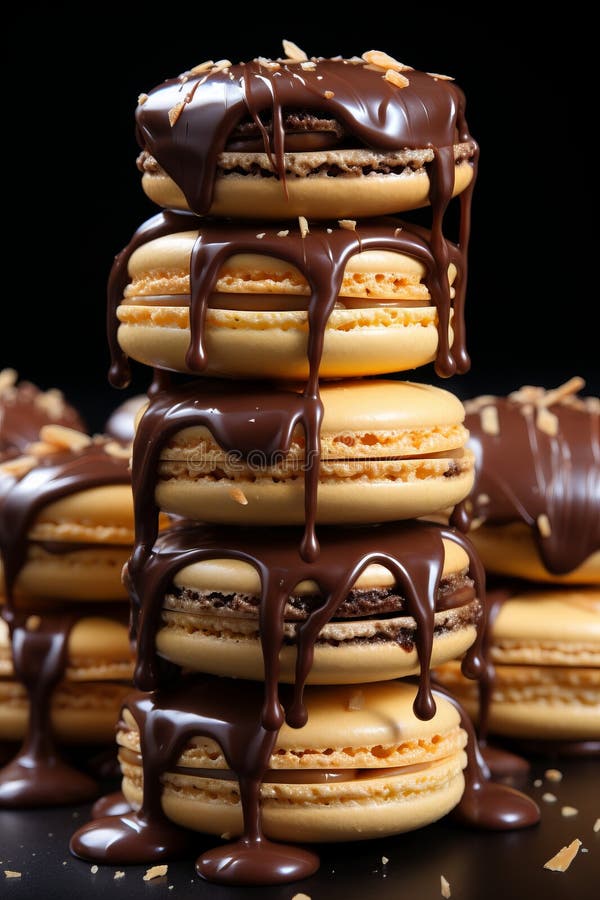 Stack of Indulgent Chocolate Brown Macarons on Dark Background, Closeup ...