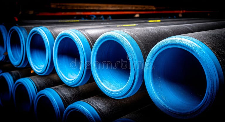 A Stack of Industrial Pipes with Blue Interiors is Shown from a Close ...