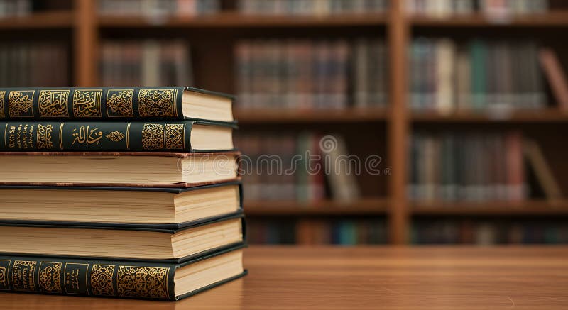 Stack of Islamic Books on Wooden Table in Library Setting Stock ...