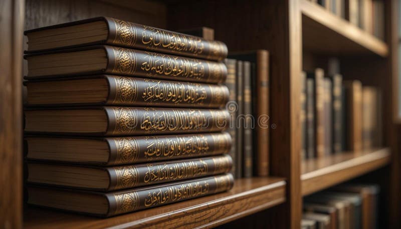 Stack of Islamic Religious Books on Wooden Bookshelf Stock Photo ...