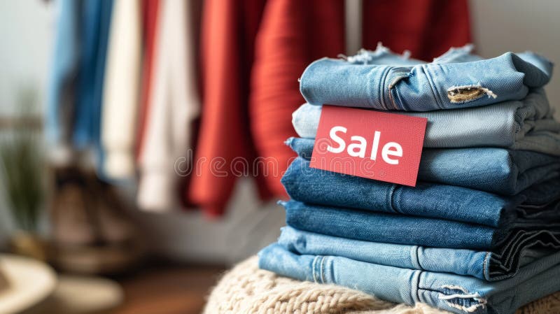 Stack of Jeans with Sale Sign. Sale Concept Stock Image - Image of ...