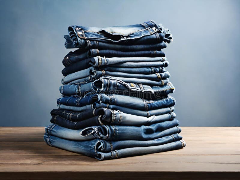 Stack of Jeans on Wooden Table in Room Stock Illustration ...