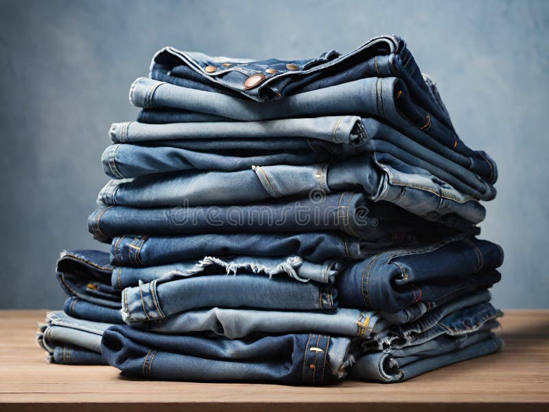 Stack of Jeans on Wooden Table in Room Stock Illustration ...