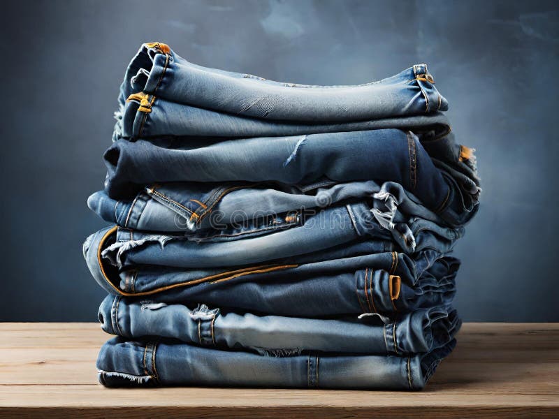 Stack of Jeans on Wooden Table in Room Stock Illustration ...