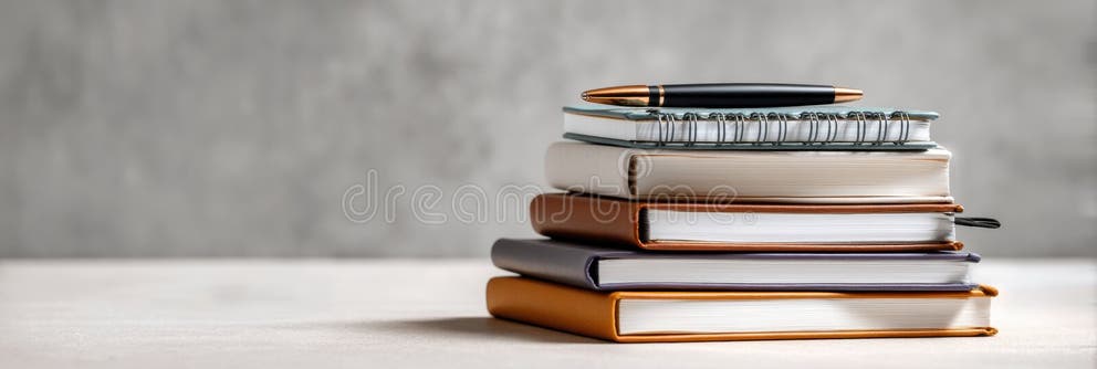 Stack of Journals and a Pen on a Minimalist Surface with White Space ...