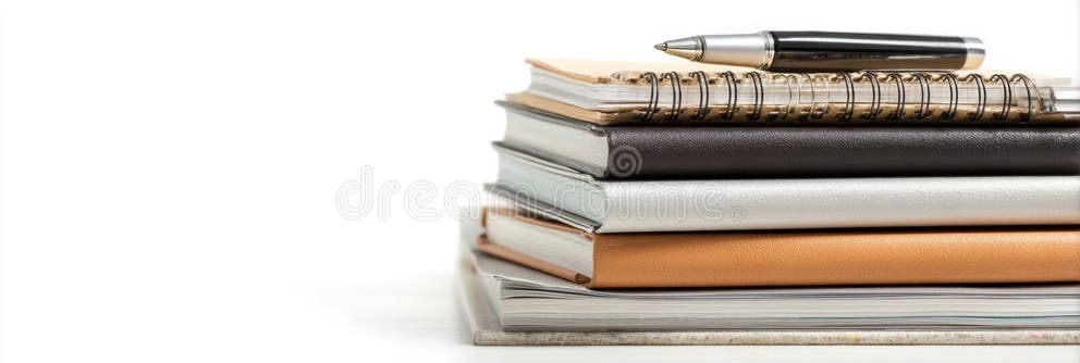 Stack of Journals with a Pen Resting on Top in a Minimalistic Workspace ...