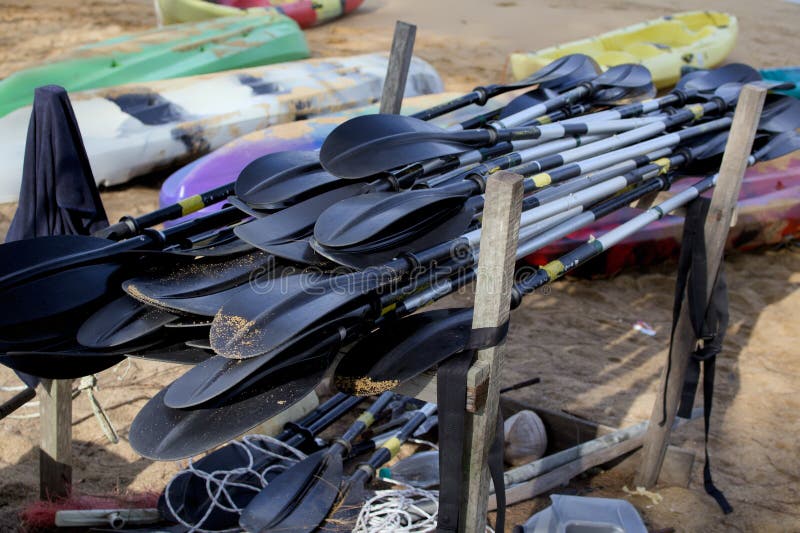 Stack of Kayak Paddles on a Beach. Stock Photo - Image of outdoor ...