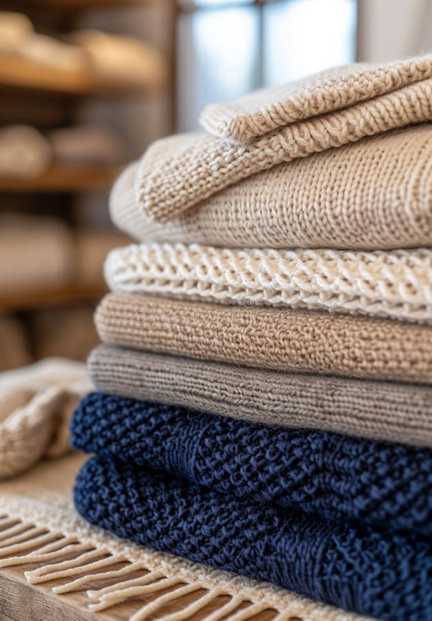 A Stack of Knitted Blankets in Various Colors, Including Blue and White ...