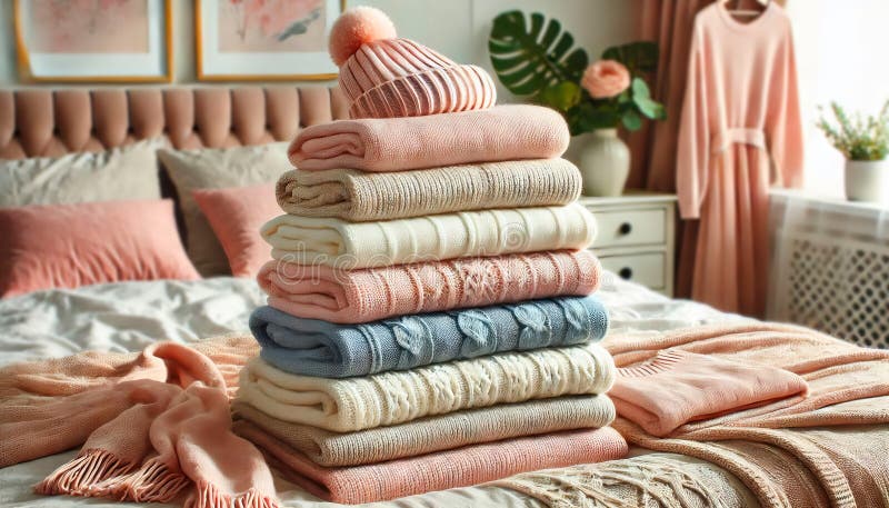 Stack of Knitted Clothes on Bed, Closeup. Cozy Home Interior Stock ...