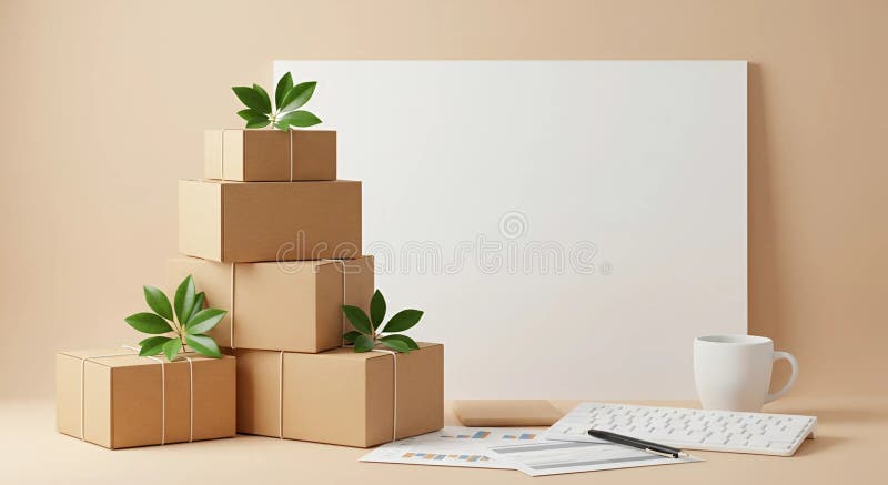 Stack of Kraft Boxes Decorated with Green Leaves Stock Illustration ...