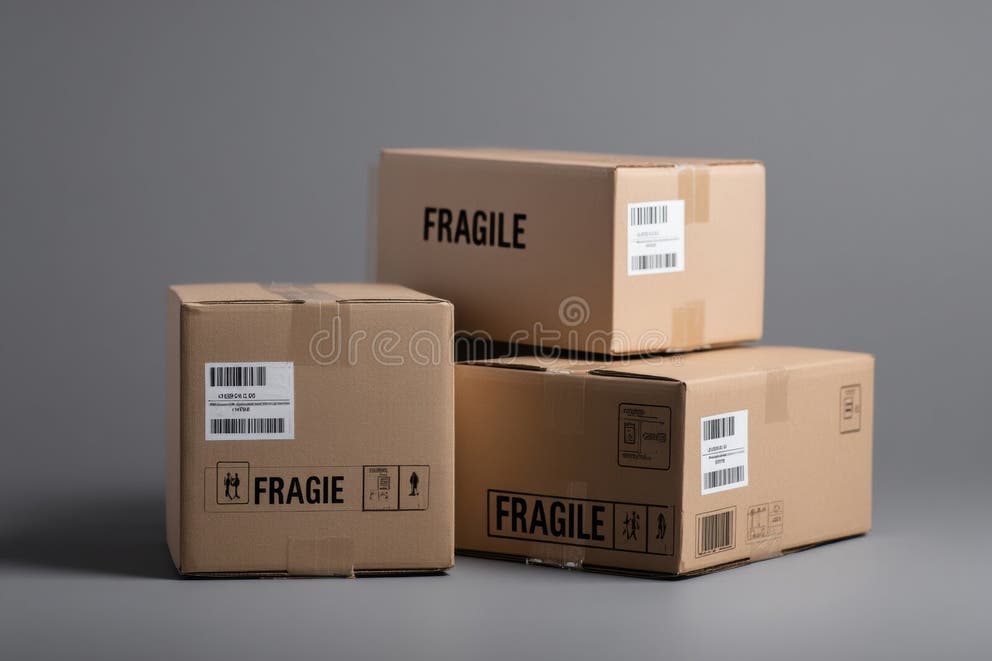 Stack of Labeled Boxes with Barcodes and Fragile Stickers on a Minimal ...