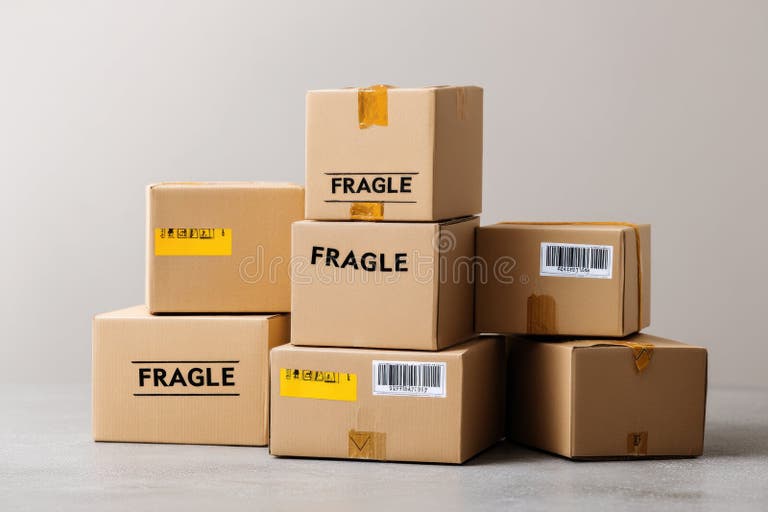 Stack of Labeled Boxes with Fragile Stickers Showcasing Barcodes in a ...